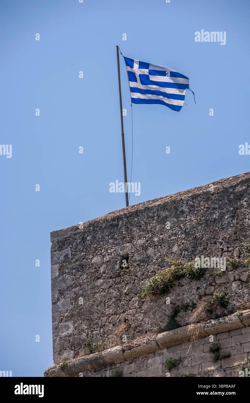 The Crete flag flies above the old fortress at Rethymnon Stock Photo ...