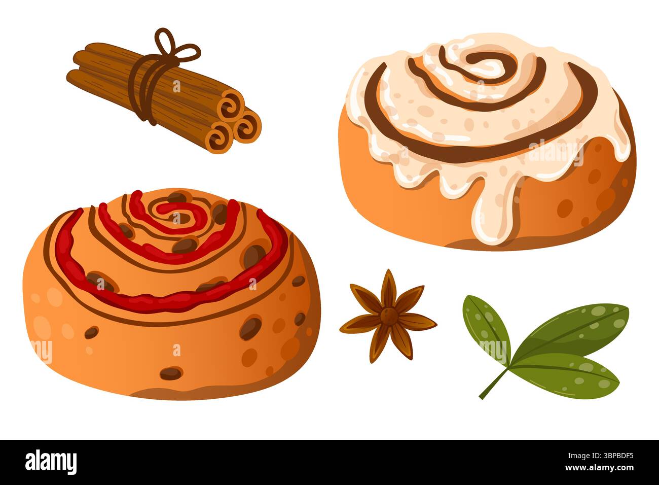 Vector illustration Cinnamon bun and sweet snail bun. Dessert baking ...