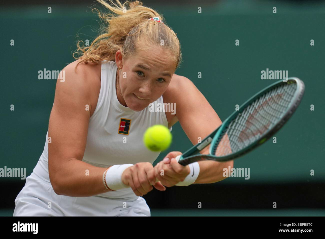Mirra Andreeva of Russia returns to Emma Navarro of the U.S. during a ...