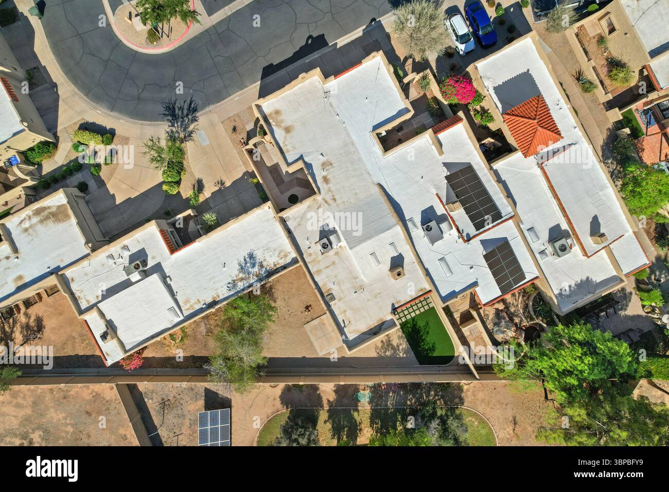 An aerial view that captures the layout of a residential area ...