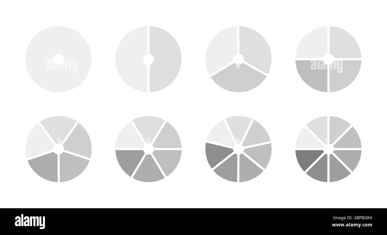Pie chart set. Monochrome diagram with 1, 2, 3, 4, 5, 6, 7, 8 equal ...