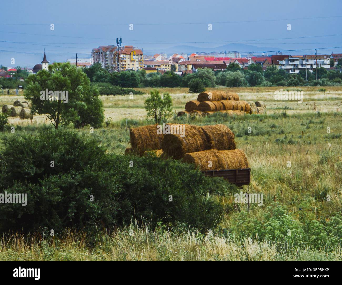 Hay bales in field with urban skyline and church in Romania, June 2025 ...
