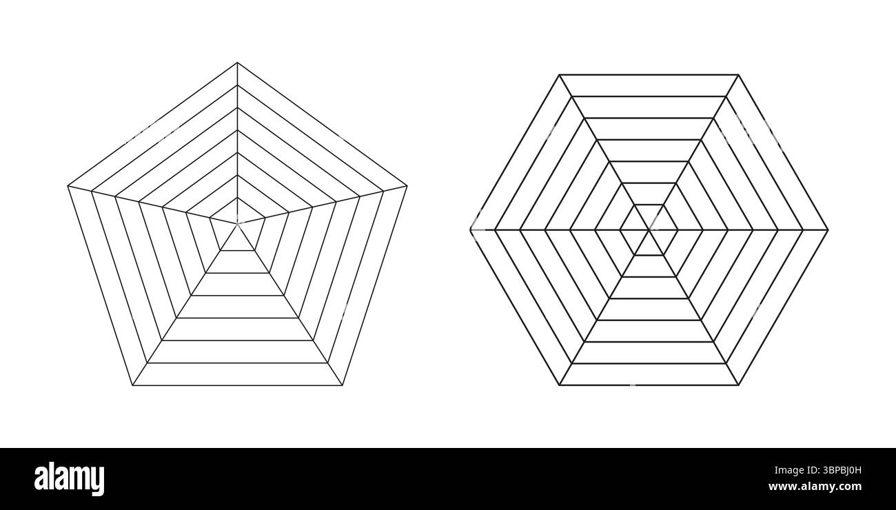 Pentagon and hexagon radar, spider diagram template. Spider mesh ...