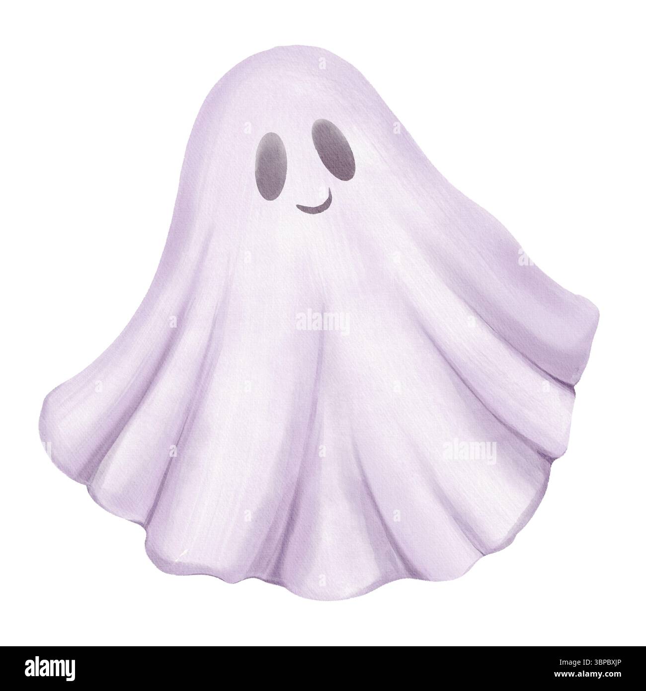 A cute cartoon ghost drawn in watercolor style. The ghost has a ...
