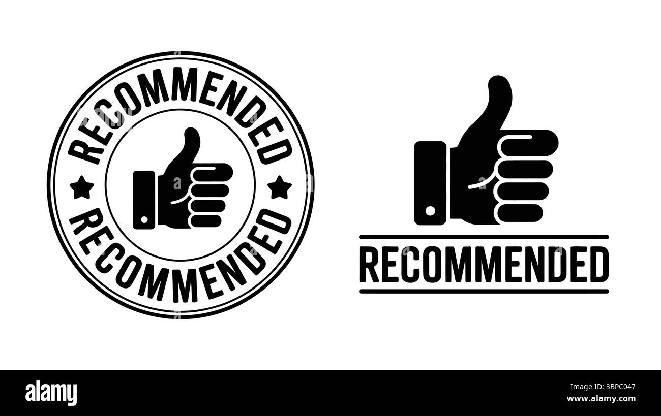 Two recommended icons with thumbs up symbol in black and white vector ...