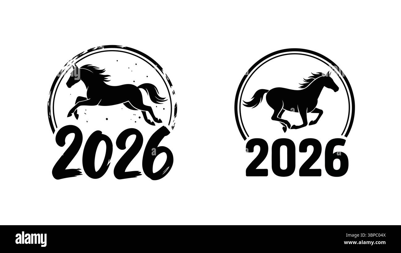 Two black horse icons with the year two thousand and twenty six in a ...