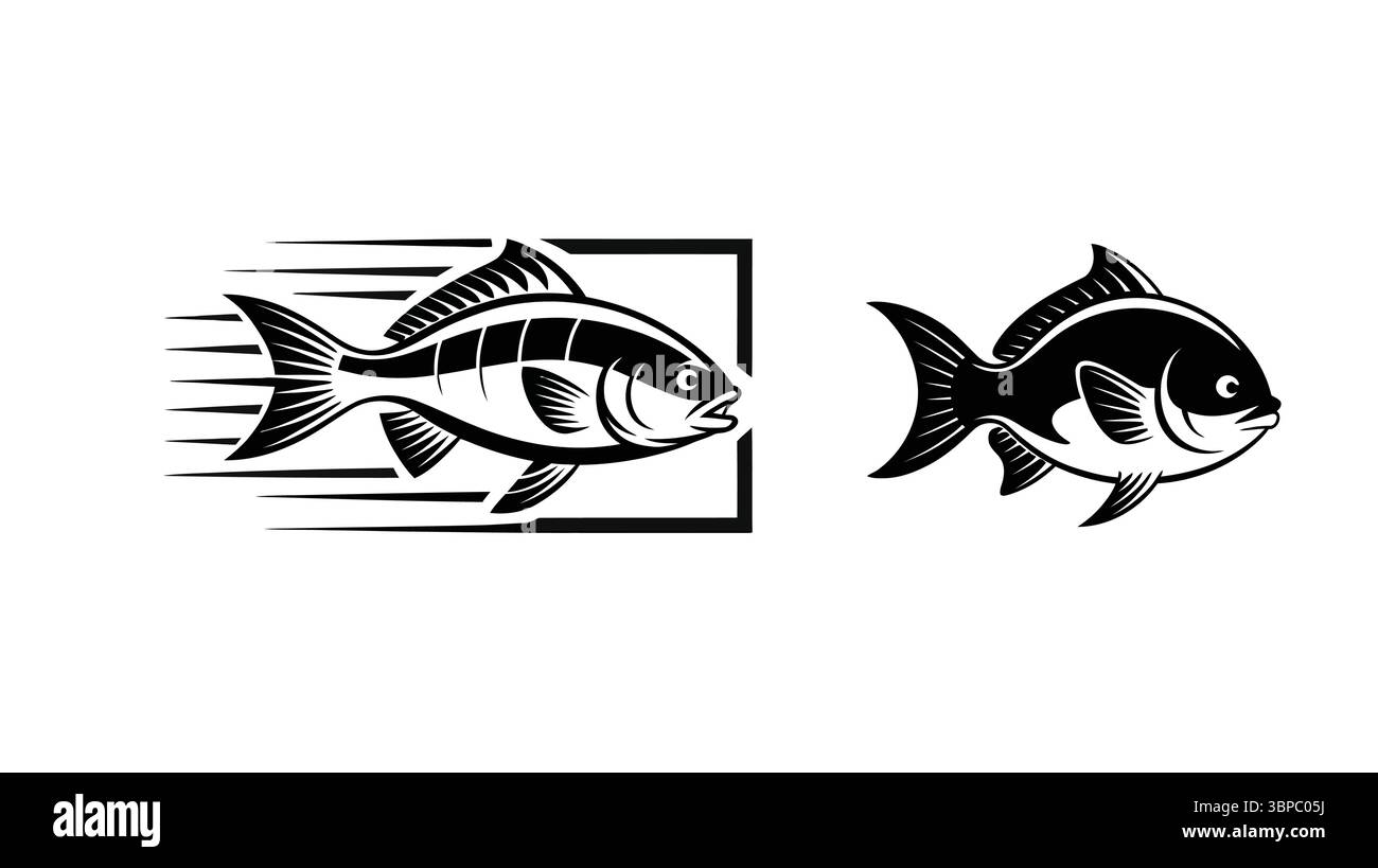 Two stylized black and white fish illustrations one with motion lines ...