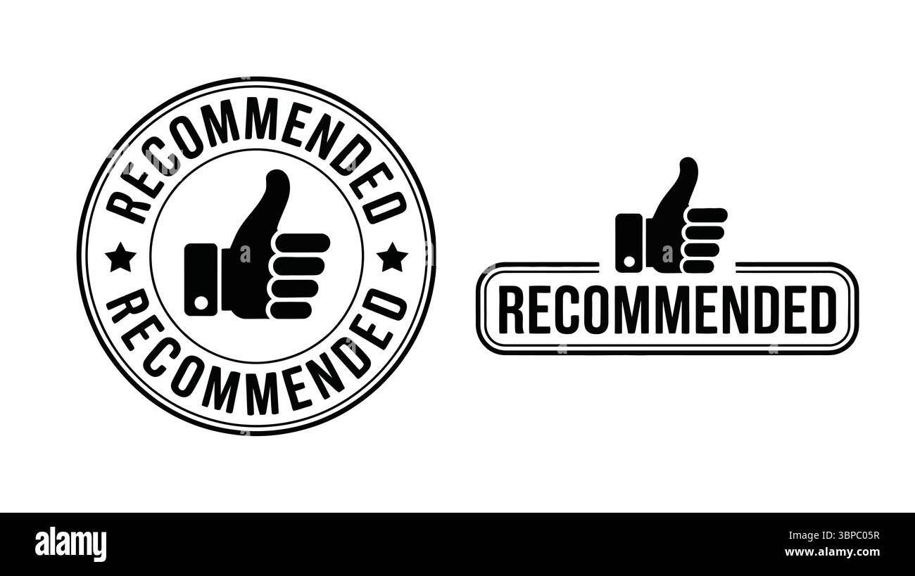 Two recommended icons with thumbs up symbol in black and white vector ...