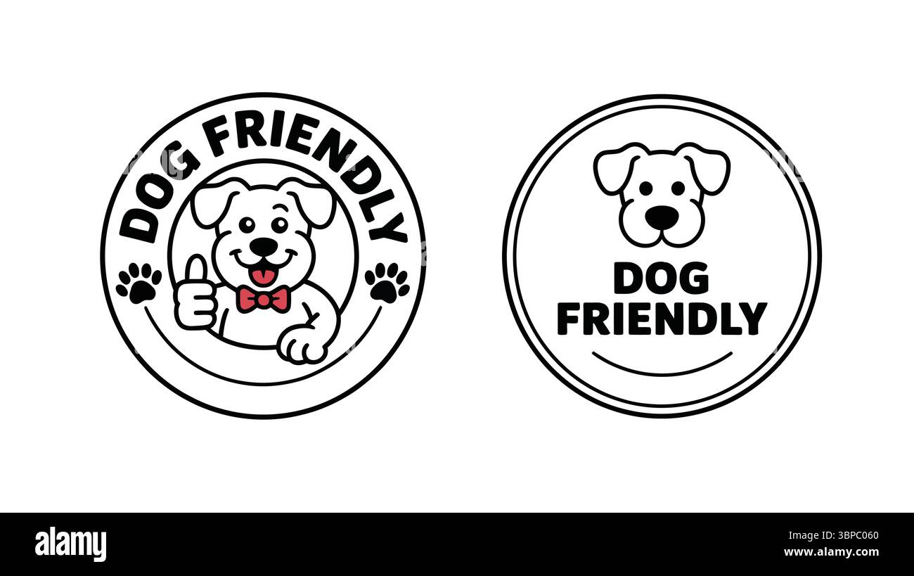 Two dog friendly labels with cartoon dogs in black and white on a white ...