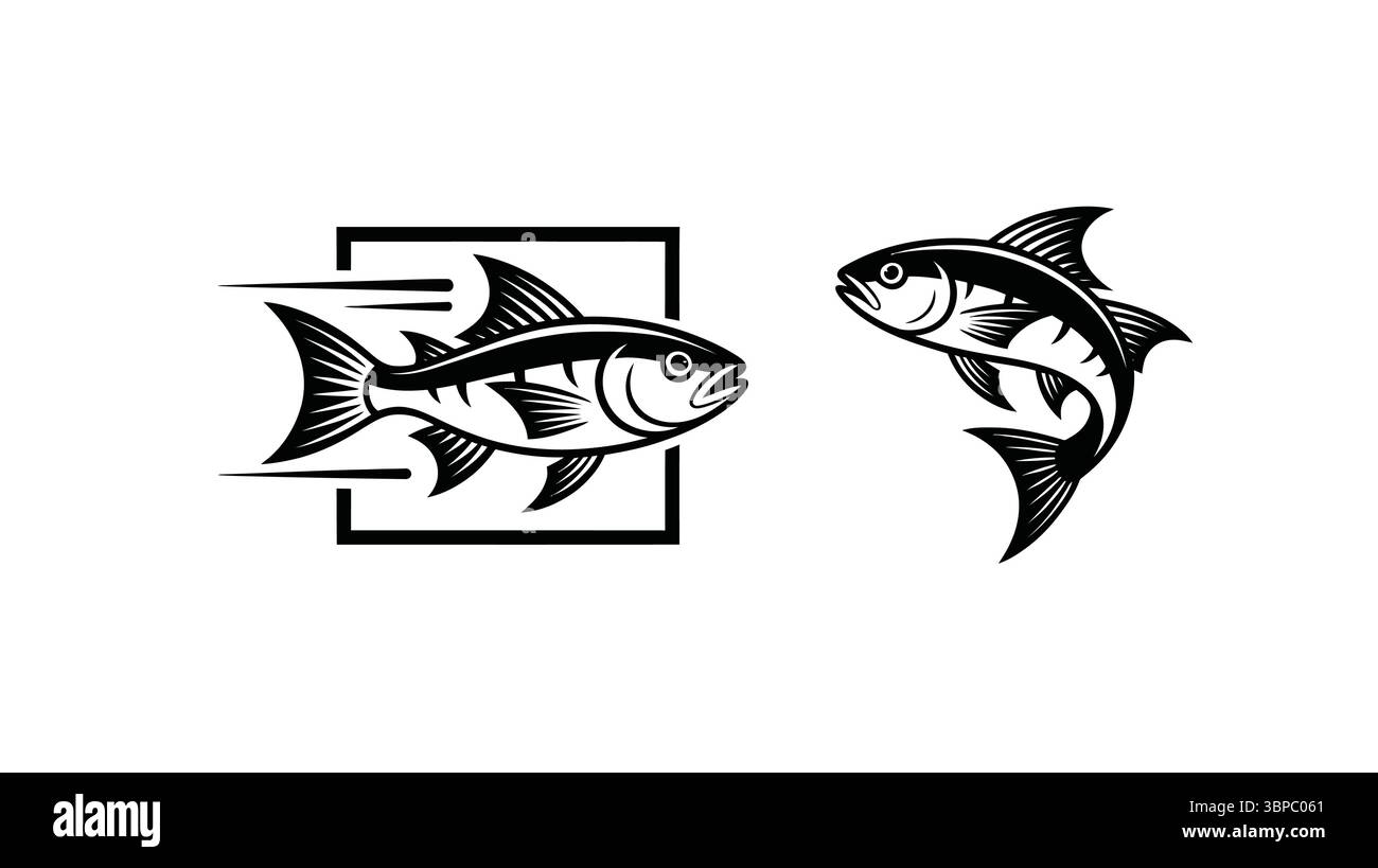 Two stylized black and white fish illustrations one with motion lines ...