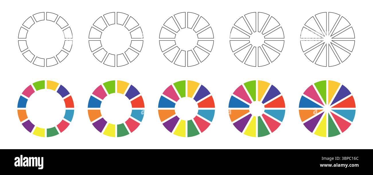 Donut charts, pies segmented on 12 equal parts. Diagrams infographic ...