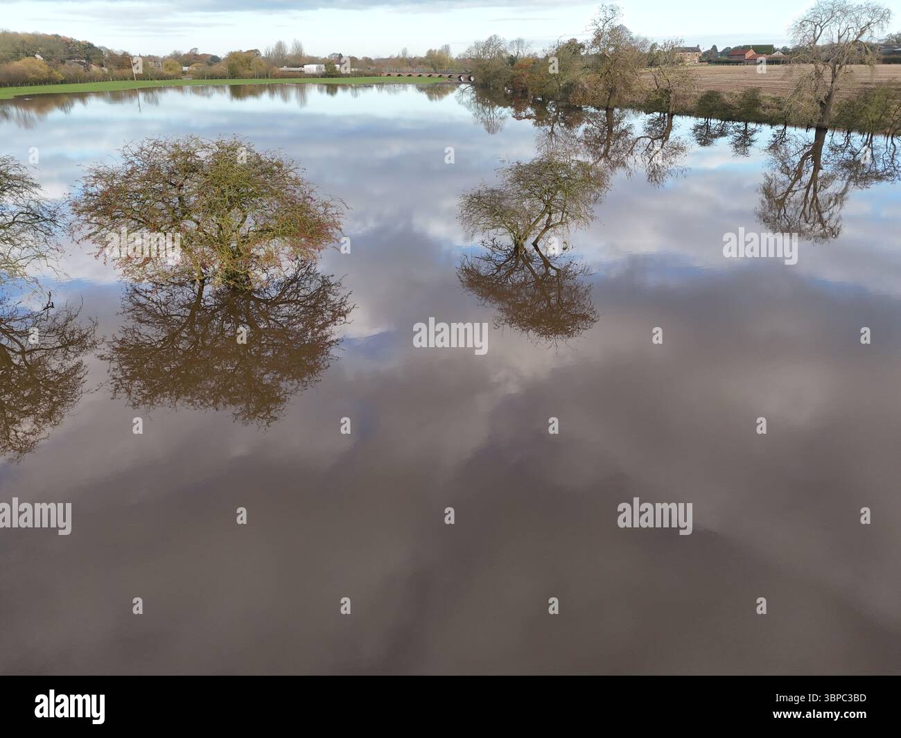 aerial view of Extreme Flooding Aldwark Toll Bridge, Boat Lane, Great ...