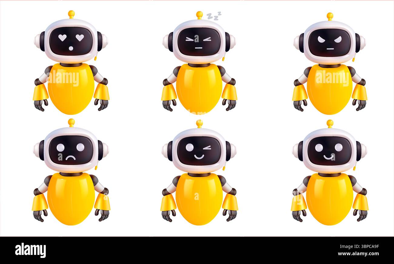 A yellow robot with different facial expressions on a white background ...