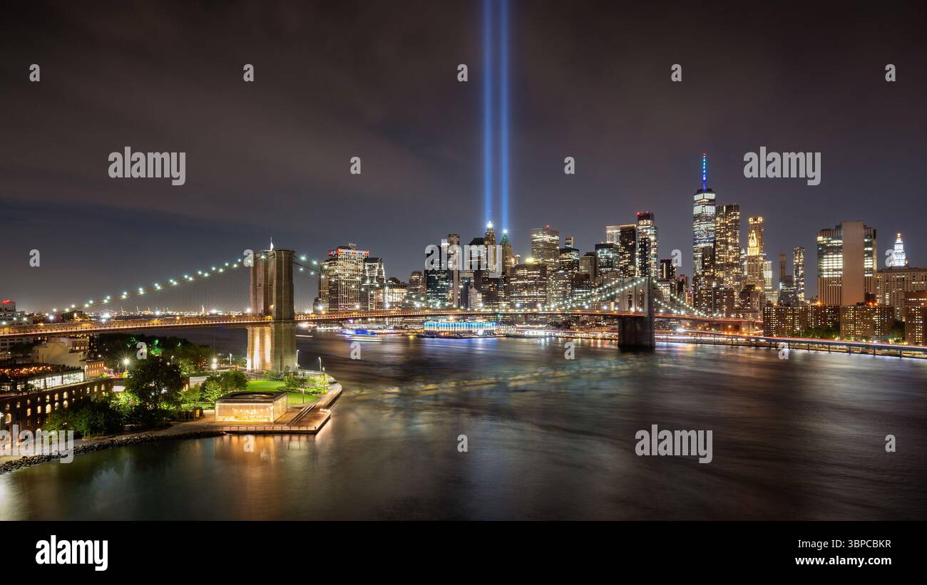 Elevated view of New York City September 11 Tribute in Light. Twin ...