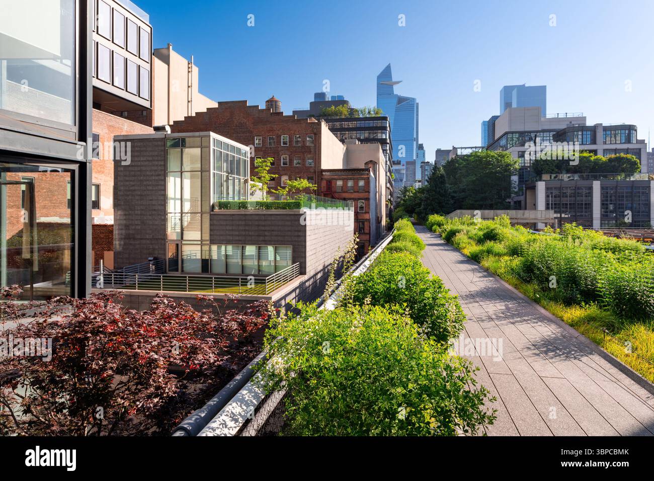 The High Line promenade with Hudson Yards skyscrapers. Elevated ...