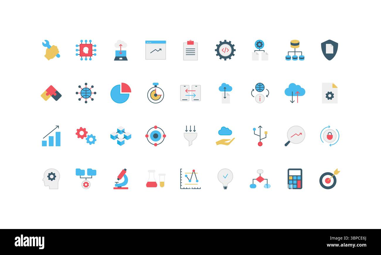 Data science with artificial intelligence, blockchain clusters and algorithms color icon set ...