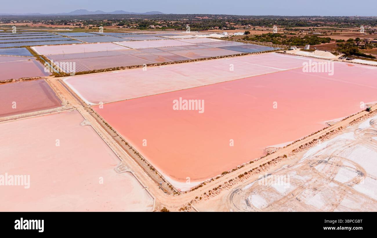 Pink salt evaporation ponds creating a colorful and geometric landscape ...