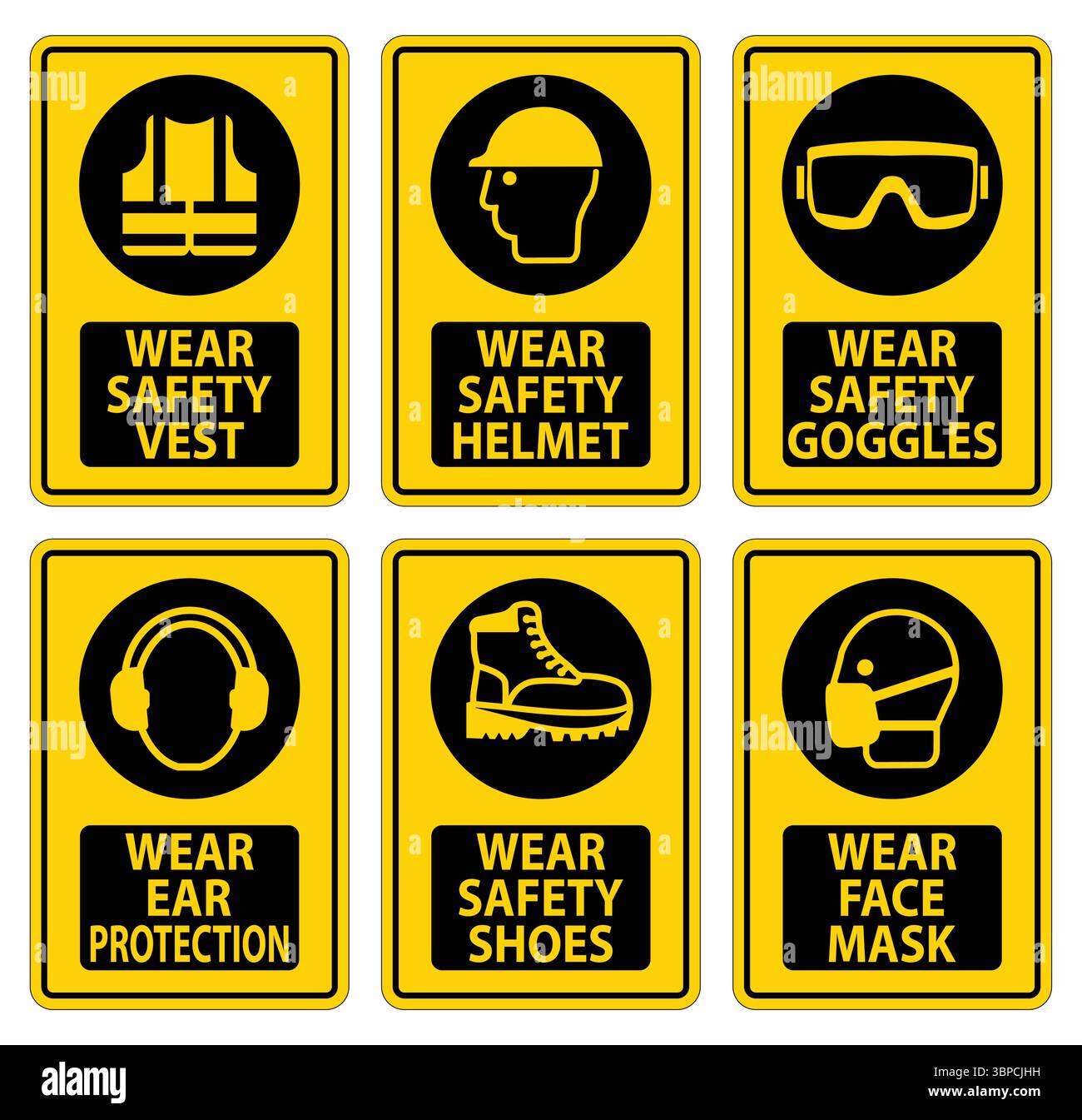 A collection of safety signs highlighting essential protective gear for ...