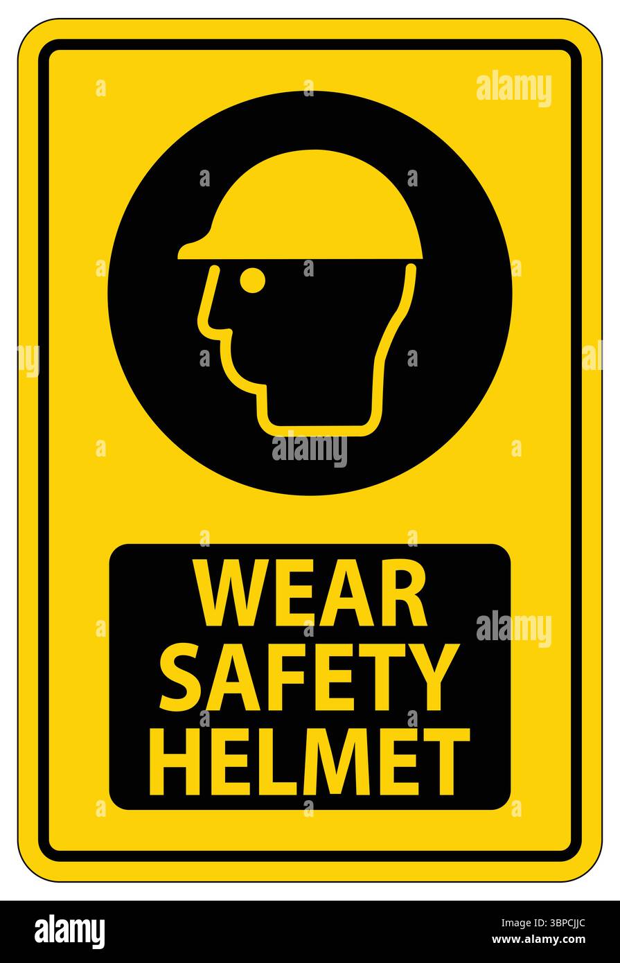 This cautionary safety sign features a profile of a person wearing a ...