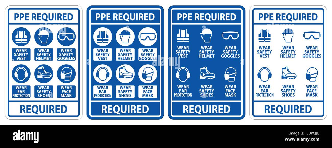 A collection of safety signage emphasizing required personal protective ...