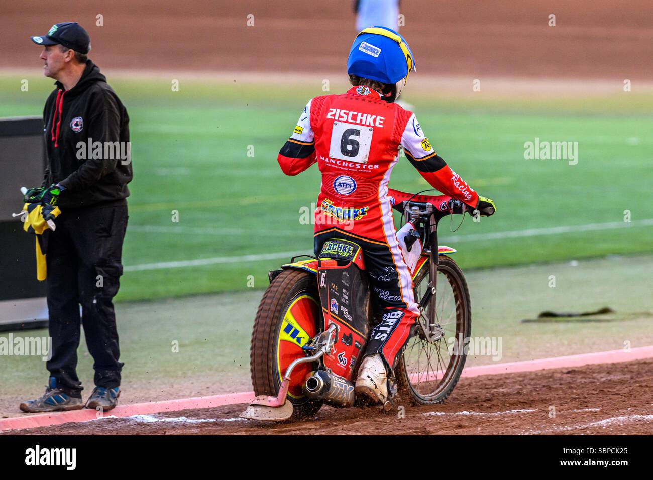 Belle Vue Aces' Tate Zischke pulls up after his bike breaks down during ...