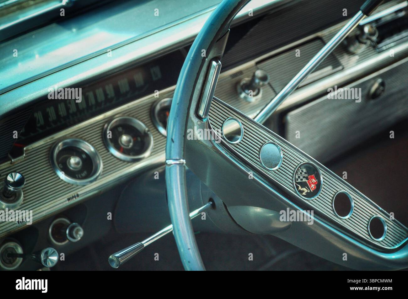 Dashboard and steering wheel of a 1960's Chevrolet Impala classic car ...