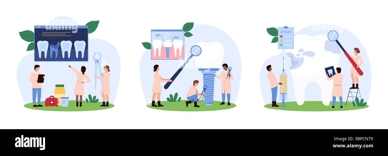 Dental checkup and treatment by dentist set. Tiny people check giant ...