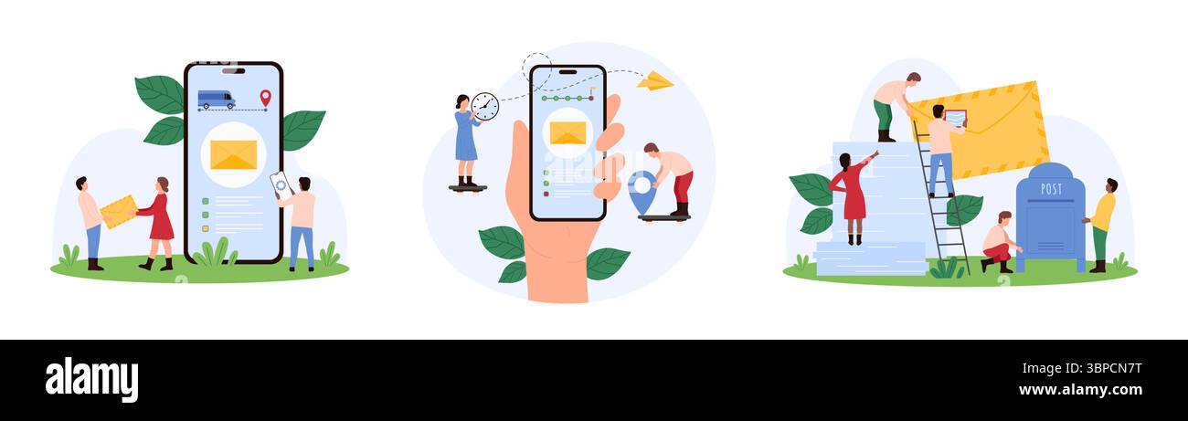 Delivery tracking, timeline in mobile app set. Tiny people check ...