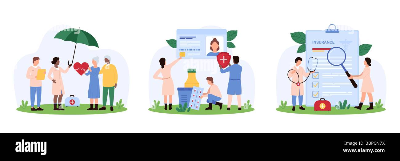 Health insurance set. Tiny people protect elderly with umbrella and ...