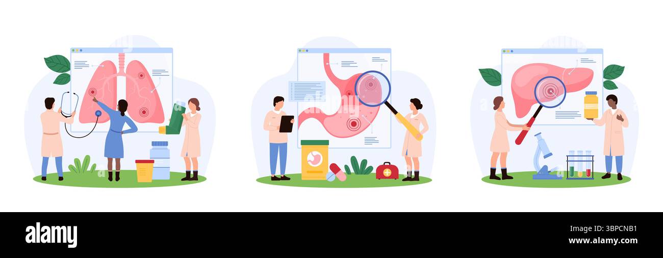 Diagnosis and treatment of internal organ diseases set. Tiny people ...