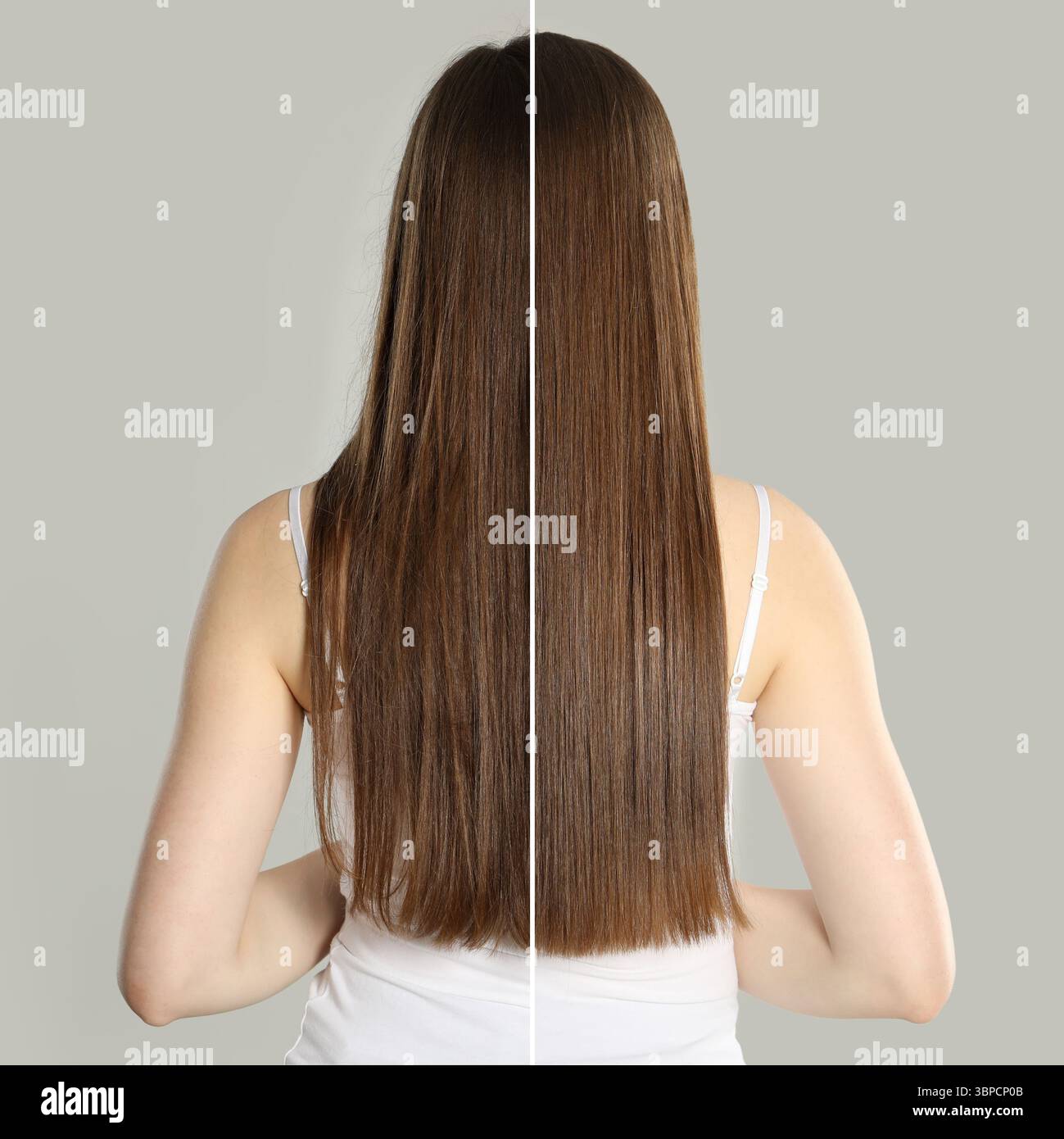 Hair combing, straightening. Woman showing hairstyle before and after ...