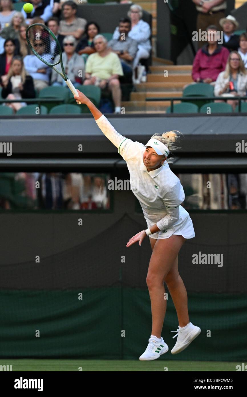 London, Britain. 7th July, 2025. Clara Tauson serves during the women's ...