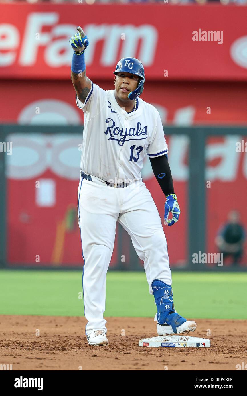 July 7, 2025: Kansas City Royals catcher Salvador Perez (13) reacts to ...