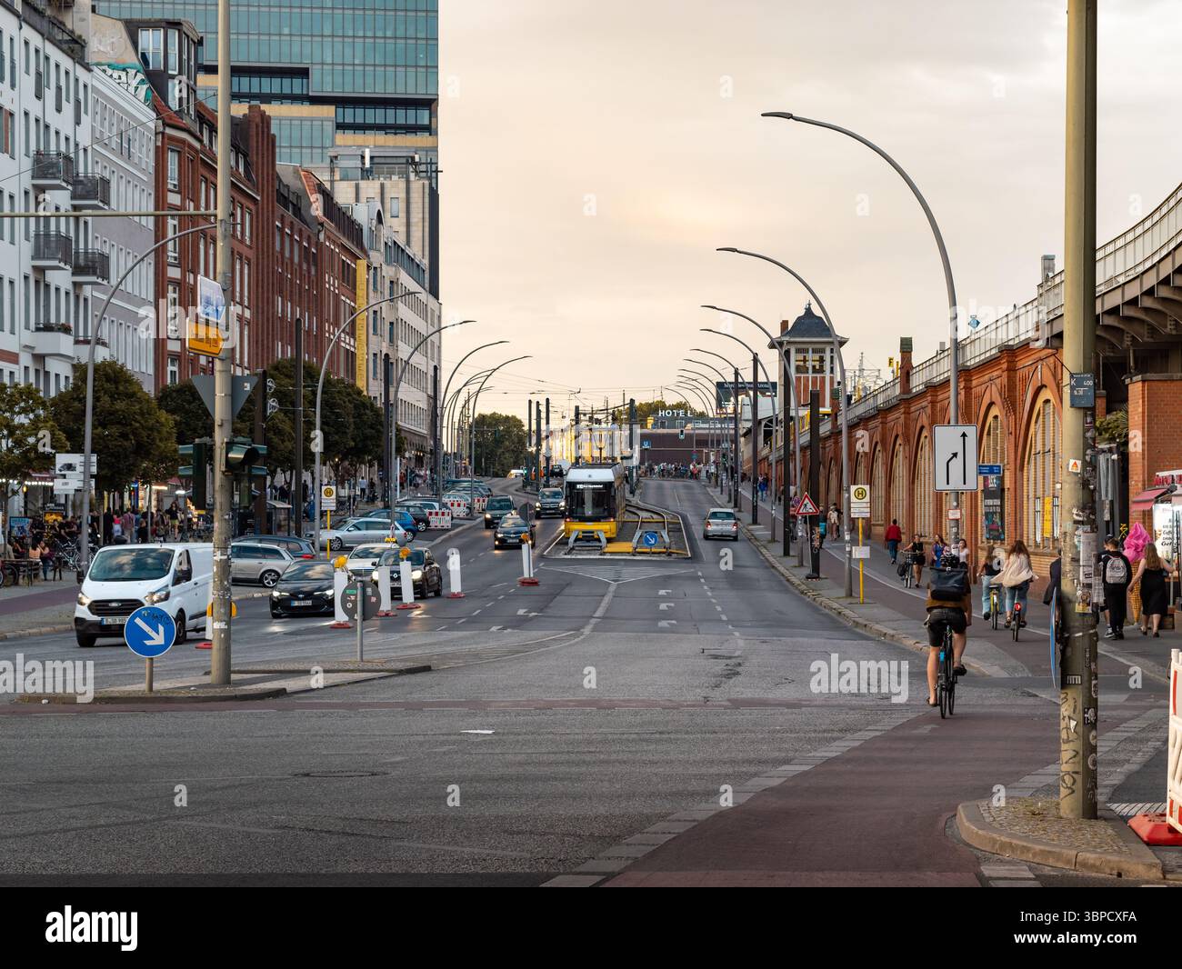 Berlin Warschauer Strasse street view on a weekday during evening. City ...