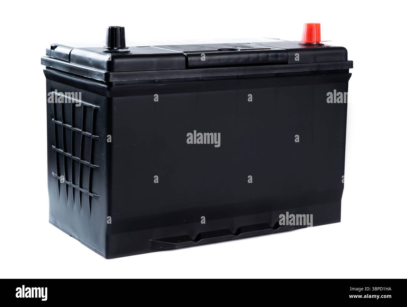 Black car battery with red and black terminals, isolated on white ...