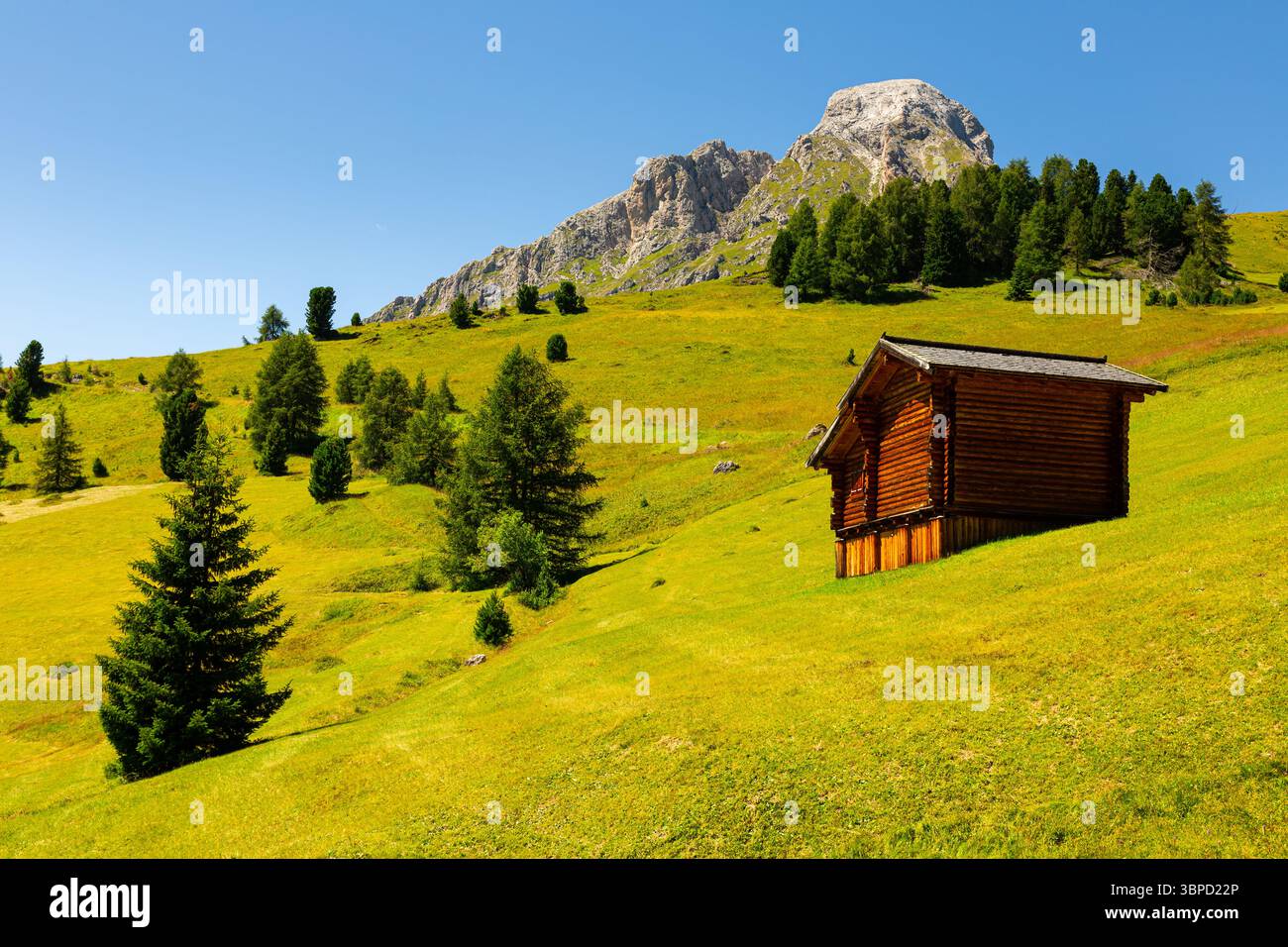 Wooden farm building on hillside in area pass Goma Dolomites Stock ...