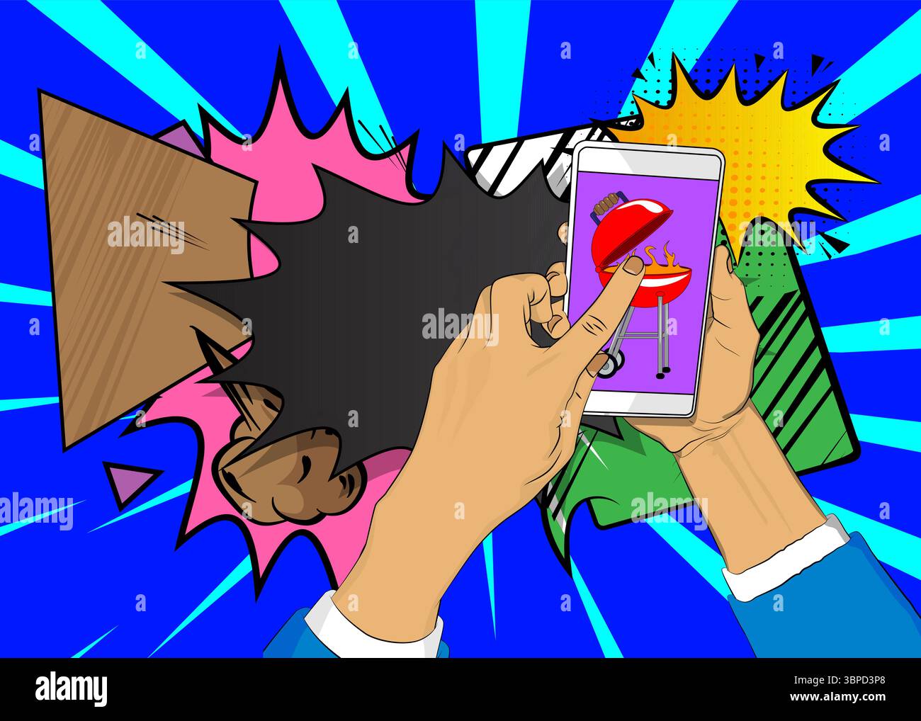 Cartoon Smartphone, comic book Telephone with Burning wood in barbeque ...