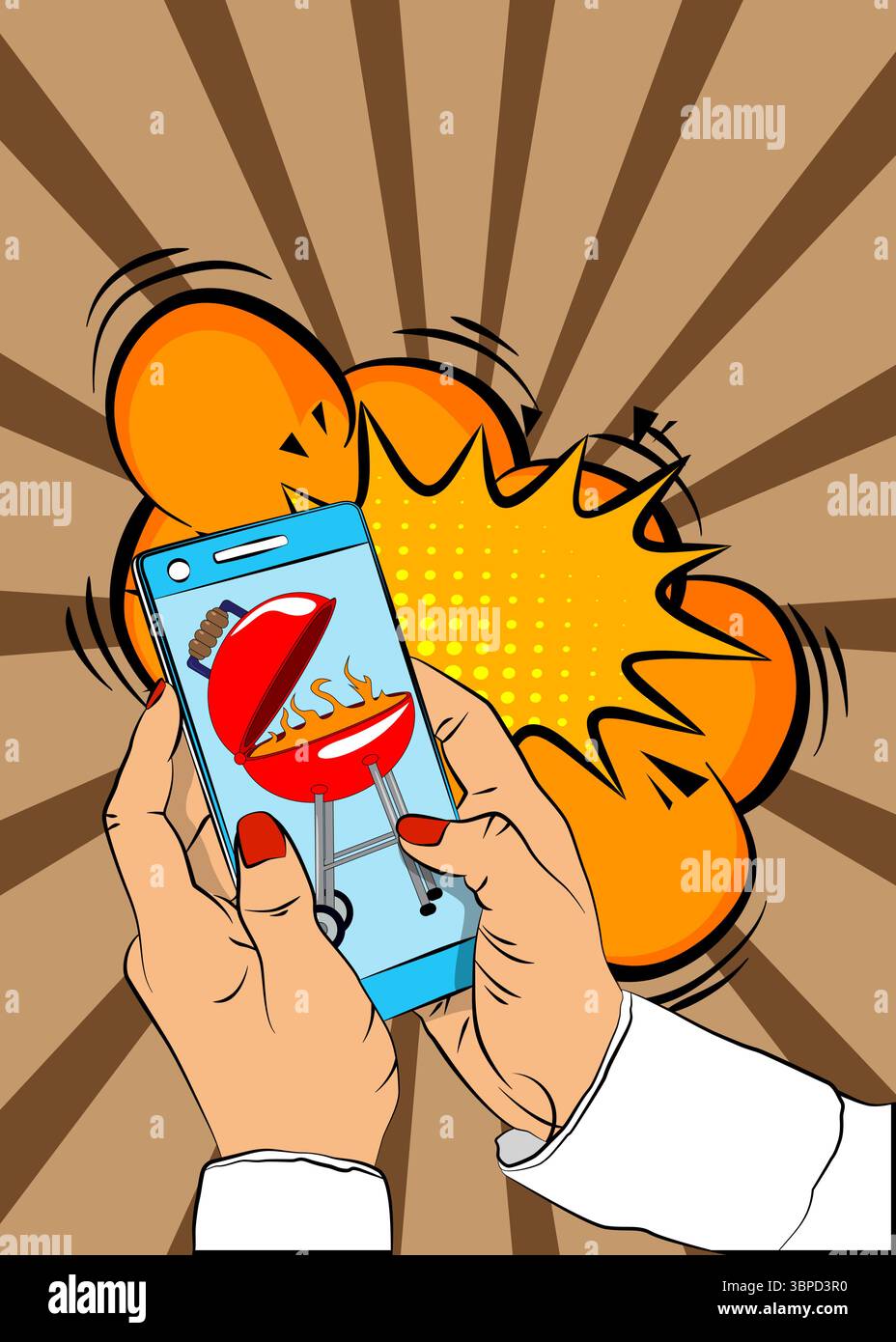 Cartoon Smartphone, comic book Telephone with Burning wood in barbeque ...