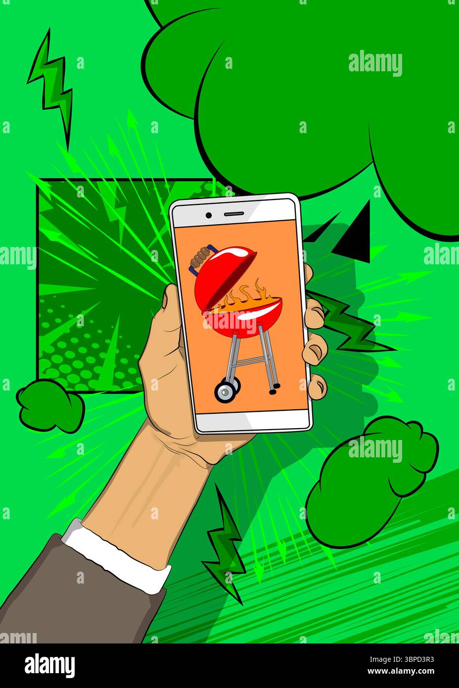 Cartoon Smartphone, comic book Telephone with Burning wood in barbeque ...