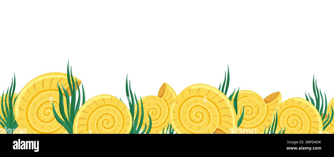 Seamless border with yellow shells and green seaweed at the bottom ...