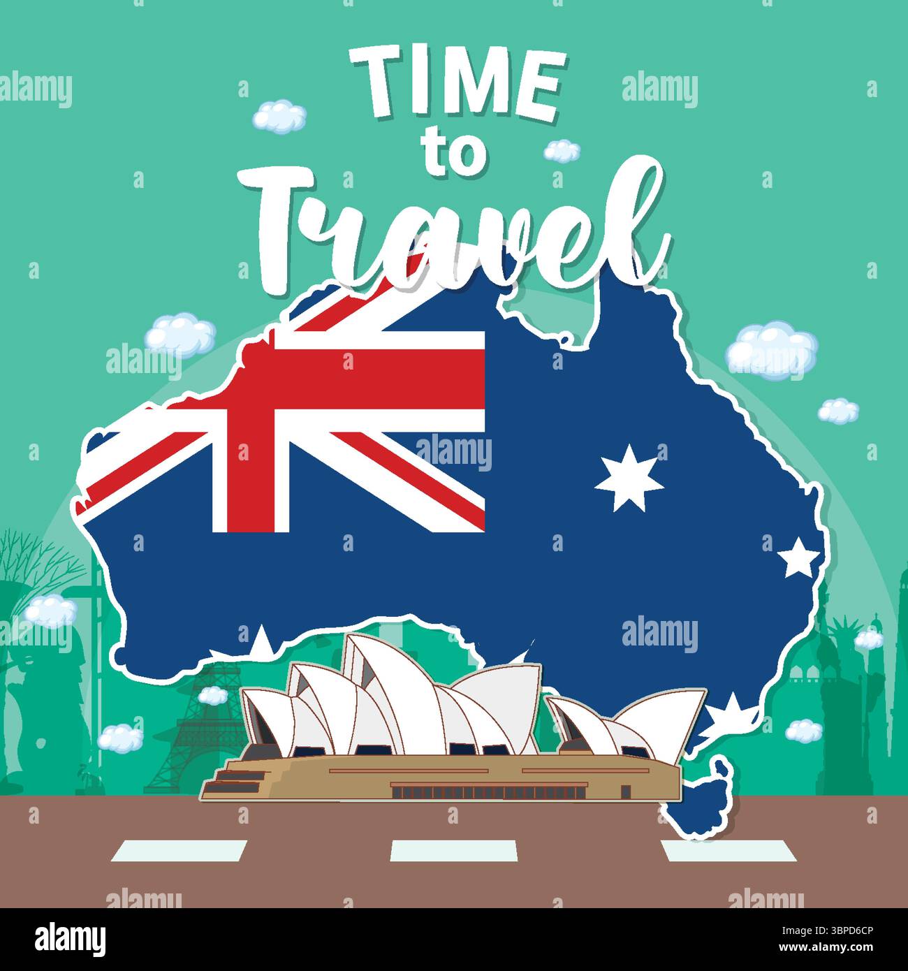 Vector illustration of Australia with flag and famous landmarks. Bold ...