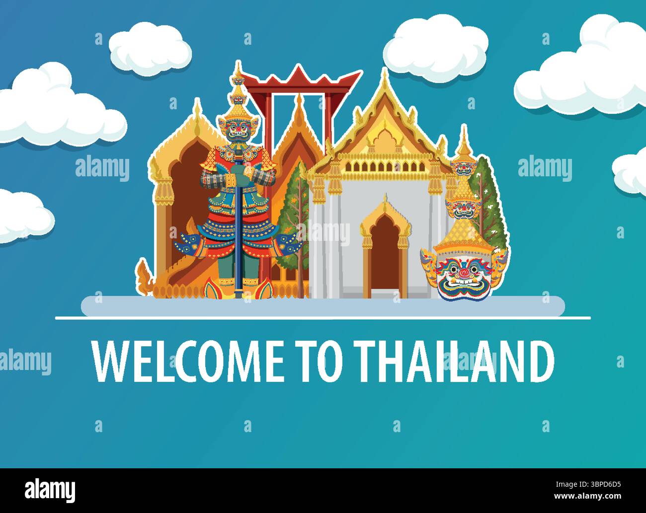 Colorful vector illustration of iconic Thai landmarks with vibrant architecture and mythical ...