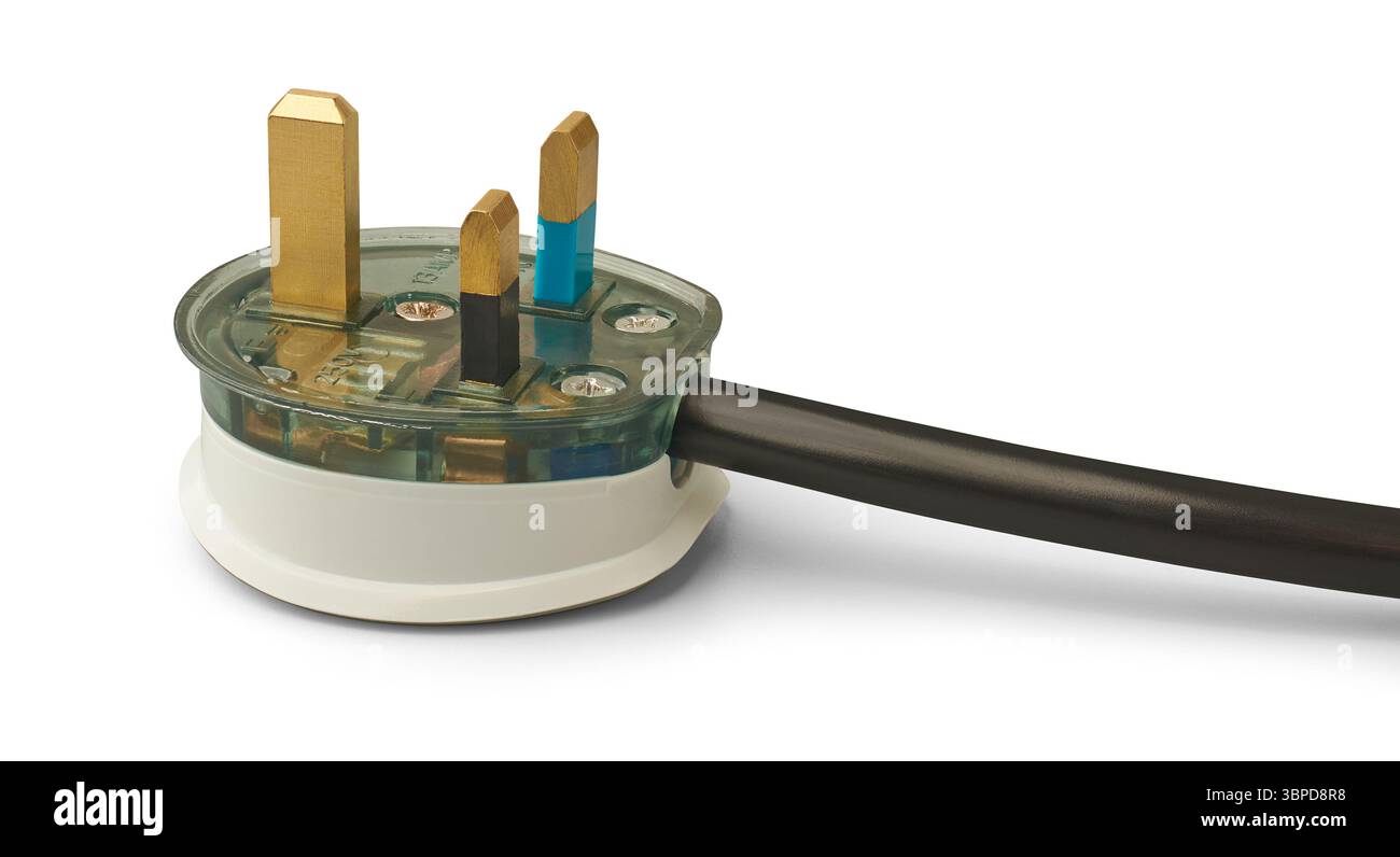 close-up of transparent round base three pin Ac power plug with black ...