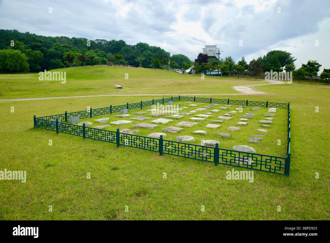 Buyeo County, South Korea - June 13th 2025: Stone bases arranged in a ...