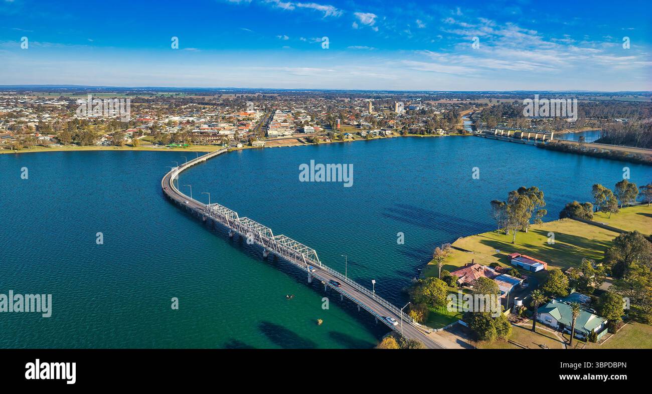 Aerial view of Lake Mulwala road bridge and townscape in Yarrawonga ...