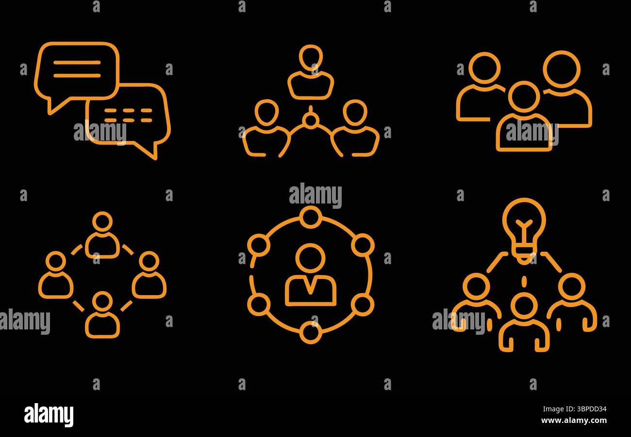 Set of Orange Outline Human Interaction Icons on Black Background Stock ...
