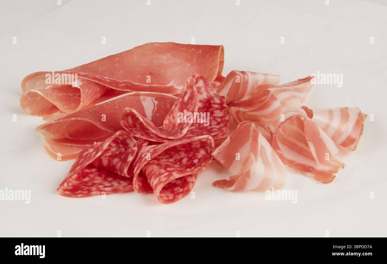 Ham, bologna, bacon set isolated nature background with clipping path Stock Photo - Alamy