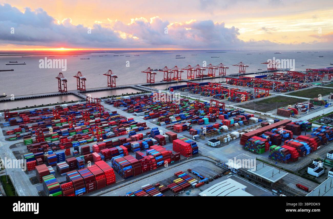 Cargo ships are loading and unloading containers at the container ...