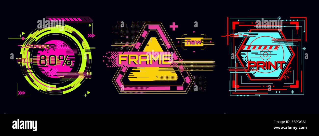 Cyberpunk glitch frame collection with neon colors - circular badge ...