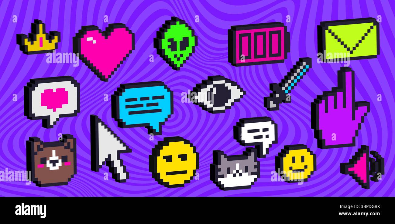 Retro pixel icons with 3d effect on purple wavy background - emoticon ...